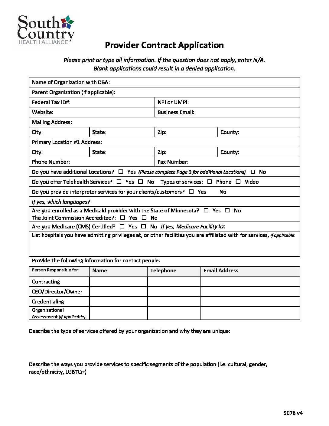 Provider Contract Application – South Country Health Alliance