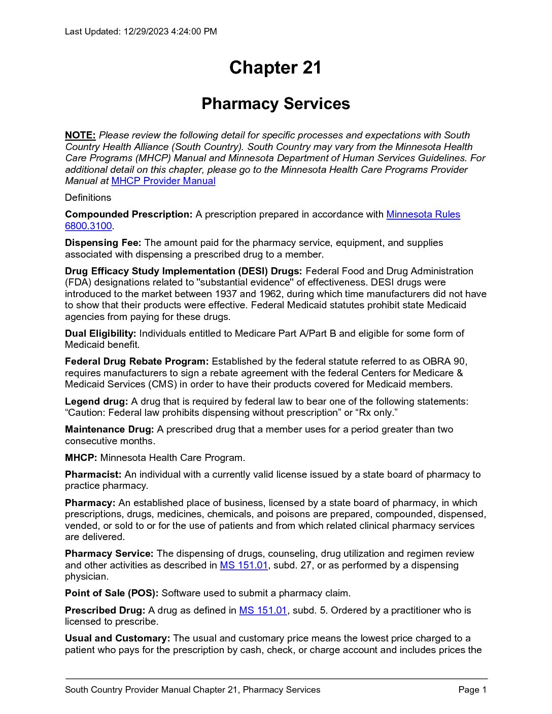 Provider Manual Chapter 21, Pharmacy Services – South Country Health ...