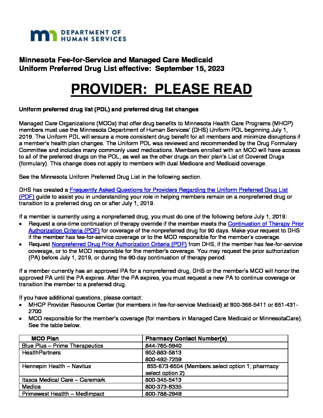 DHS Preferred Drug List – South Country Health Alliance